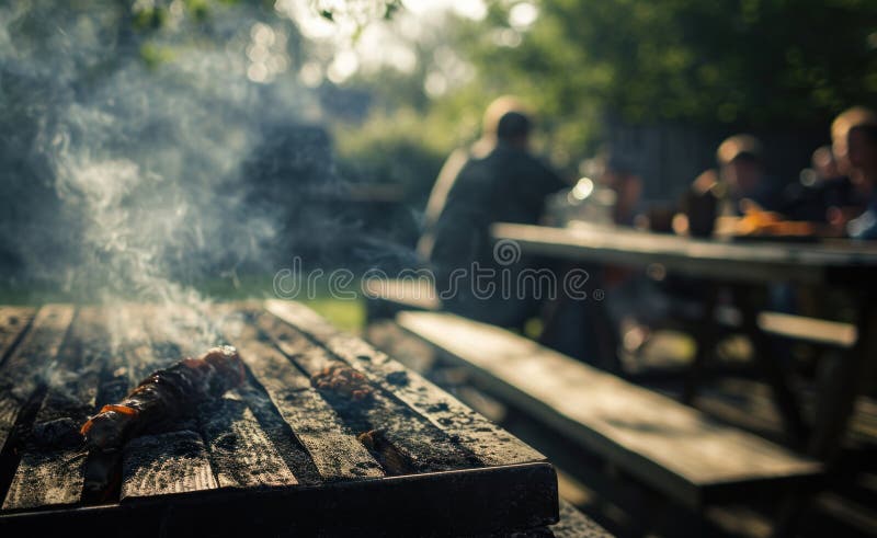 A Barbecue Table with Smoke Outdoors with People Watching in the ...