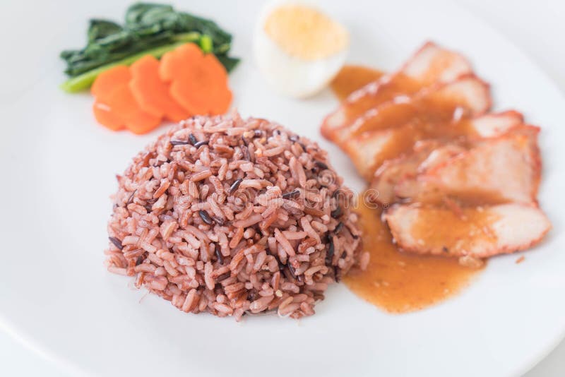 Barbecued Red Pork in Sauce with Berry Rice Stock Photo - Image of ...