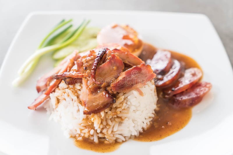 Barbecued Red Pork in Sauce with Rice Stock Photo - Image of crispy ...