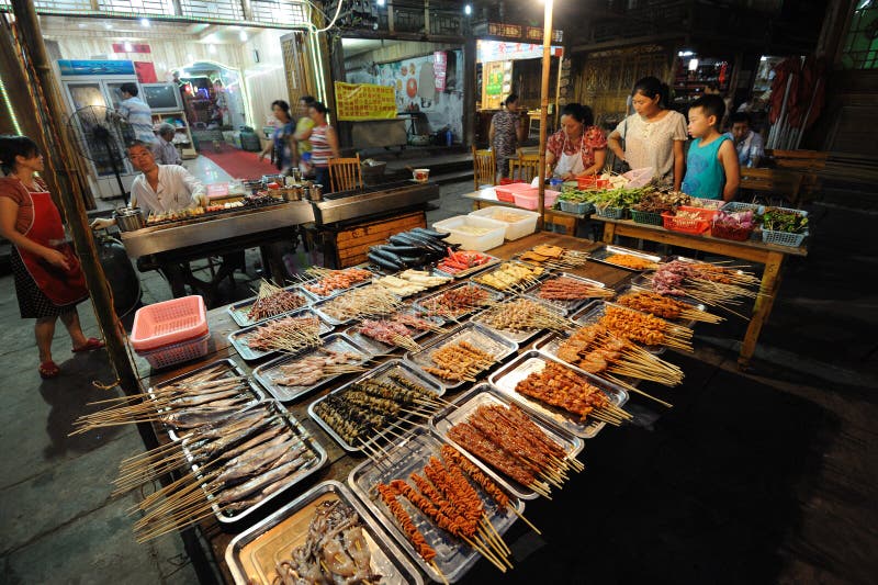 Barbecued Street Foods at Night Editorial Photography - Image of flame ...