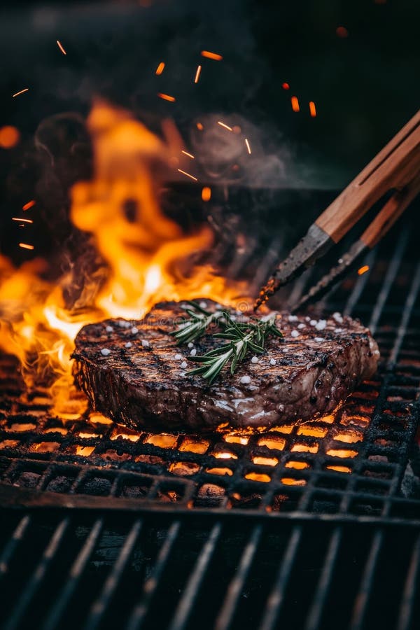 Barbecuing. Grilled Meat on the Grill. Close-up on Flames. Barbecuing ...