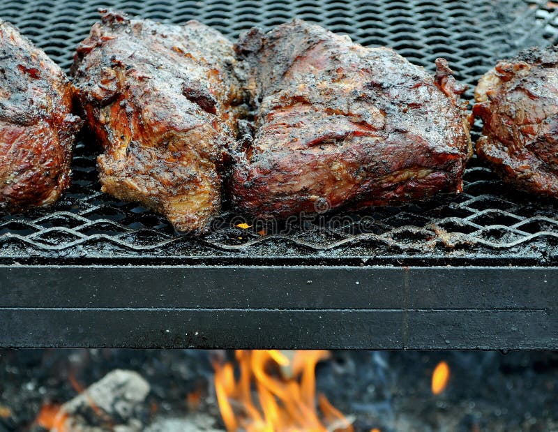 Barbecuing on an Open Grill Stock Image - Image of charcoal, chicken ...