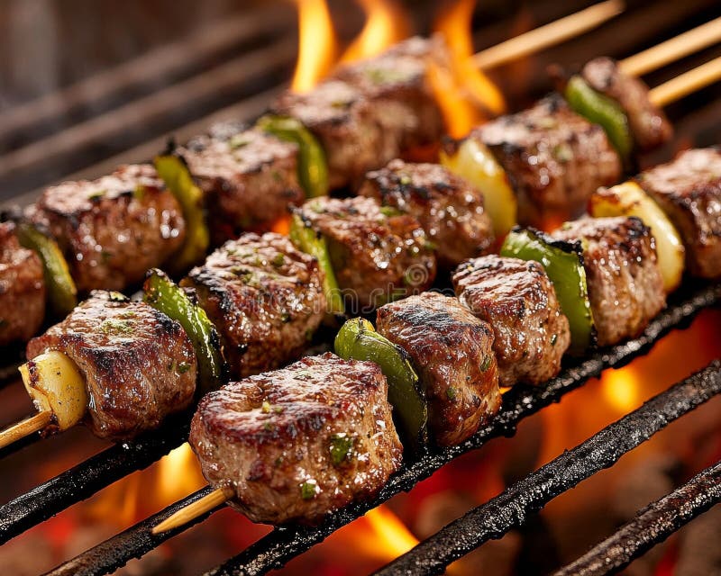 Barbecuing Skewers of Vegetables and Grilled Meat is Underway Stock ...