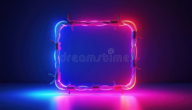 Barbed Wire Fence Around the Frame, Lit by Neon Light Stock ...