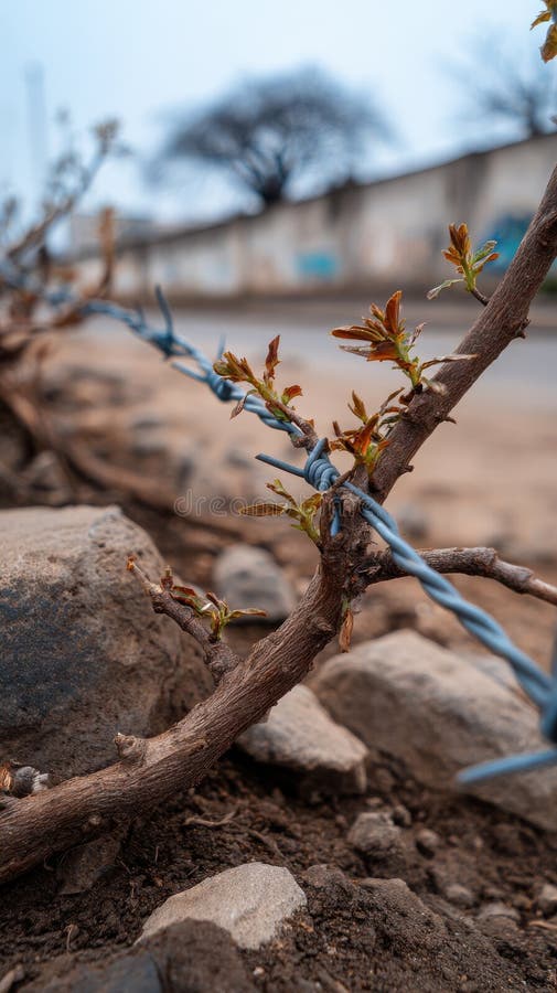 Barbed Wire Fence with Buds among Rocks and Dirt on Blurred Background ...