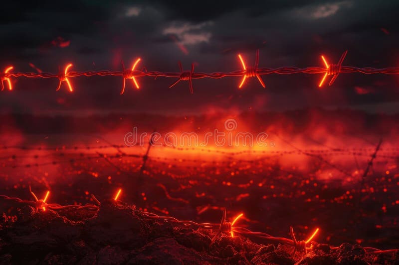 Barbed Wire Fence Illuminated with Red Lights, Suitable for Security ...