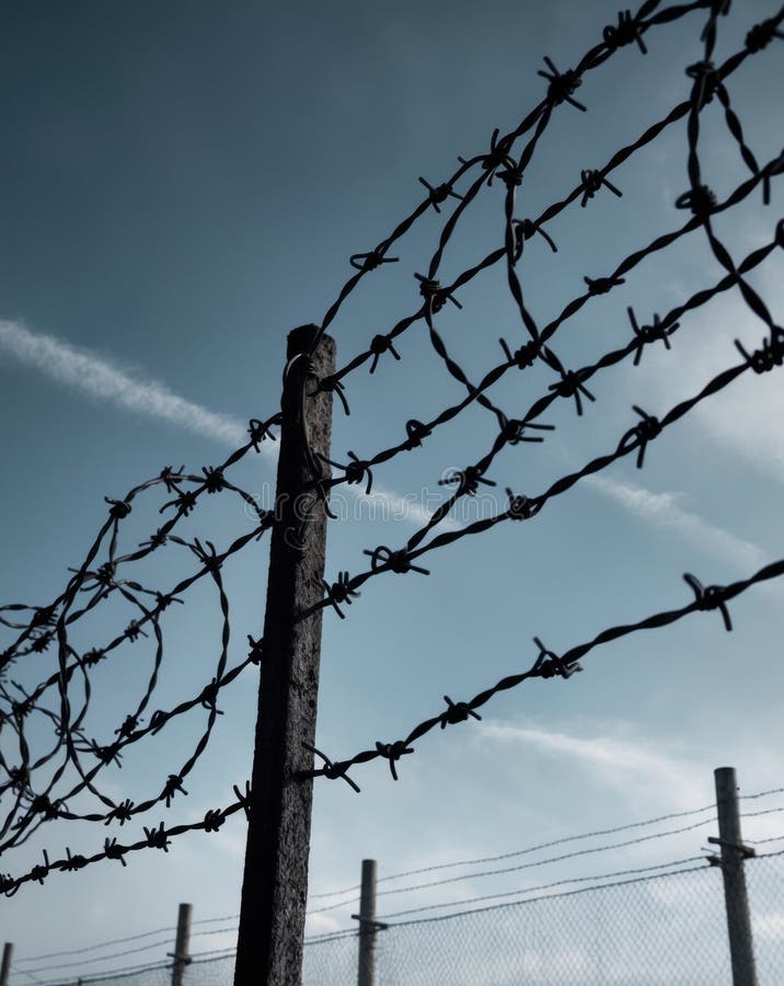 Barbed Wire Fence at the Prison Fence with Barbed Wire and Blue Sky ...