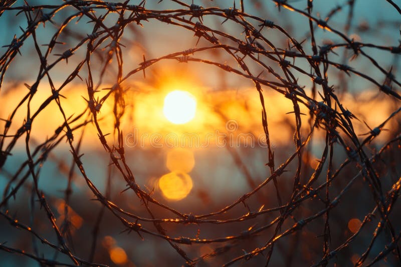 Barbed Wire Fence Reflecting the Orange Light of a Beautiful Sunset ...