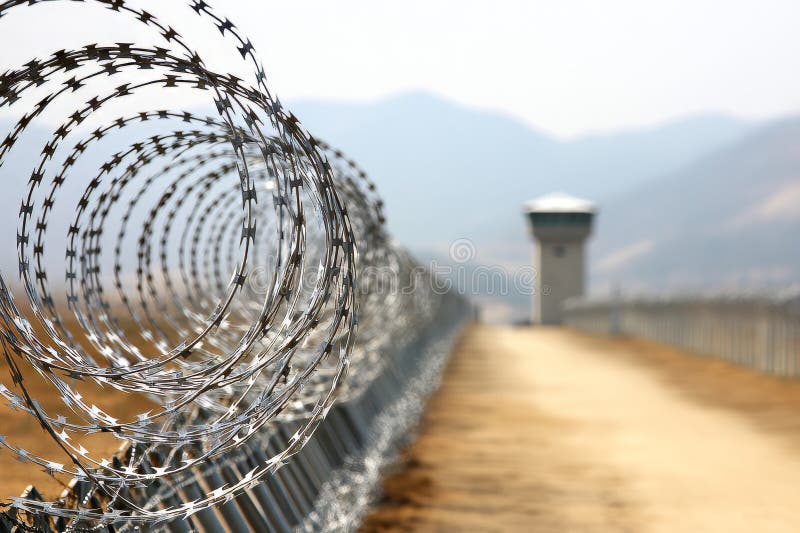 Barbed Wire Fence with Security Tower in Distance Along a Restricted ...