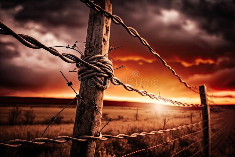 Barbed Wire Fence in Sunset, with Dramatic Clouds and Sky Stock ...