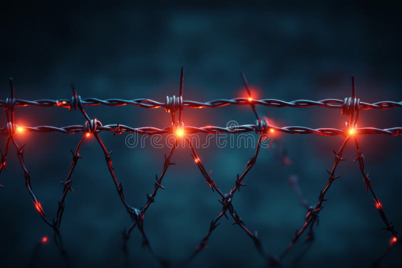 Barbed Wire Glowing Red in the Twilight, Symbolizing Danger ...