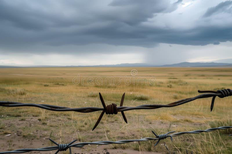 Barbed Wire Partition in an Open Field with Stormy Skies Stock Photo ...