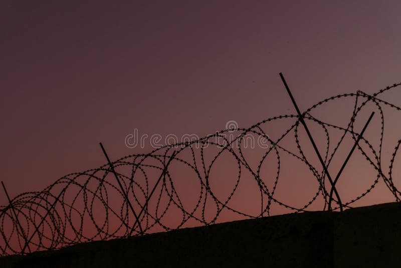 Barbed Wire Prison Wall. Sunset. Panorama. Stock Image - Image of ...