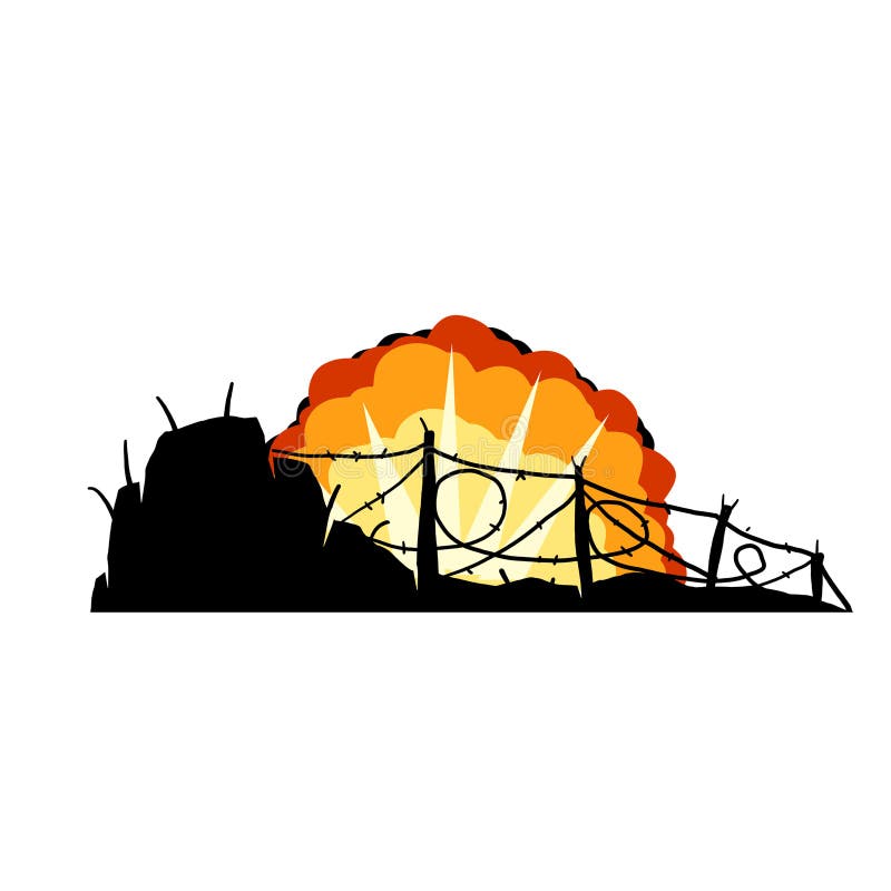 Barbed Wire. Scenery of Modern Military Conflict. Comic Boom Explosion ...