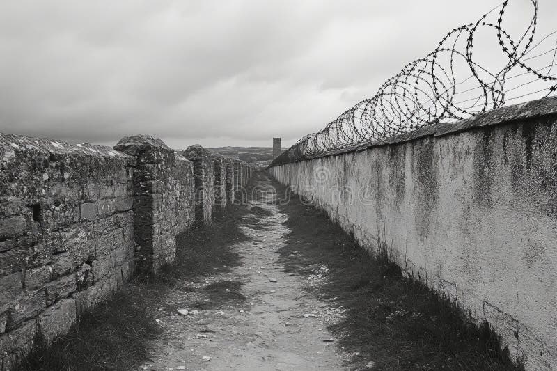 Barbed Wire and Stone Walls Create a Path Leading To a Distant ...