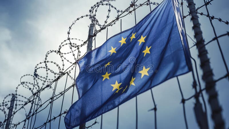 European Union Flag Against Barbed Wire Fence Creates an Oppressive ...