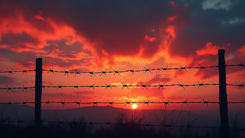 Barbed Wire on War Sunset. Fire Silhouettes Sky of the Barbed Wires ...