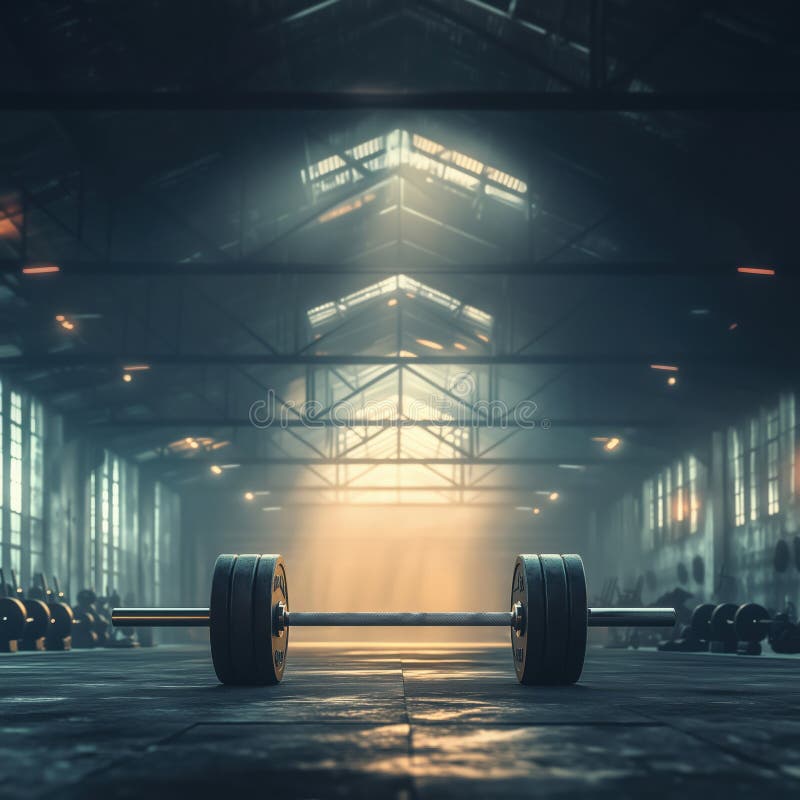 Barbell on Gym Floor in Industrial Warehouse Setting with Dramatic ...