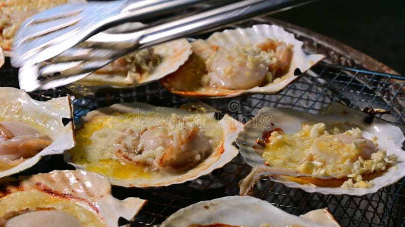 Barbeque Grill Fire Charcoal Garlic Scallop Shell Stock Video - Video ...