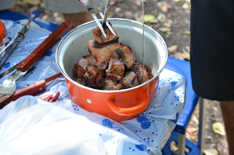 The Barbeque Meat Inside the Cooking Pot Stock Image - Image of picnic ...