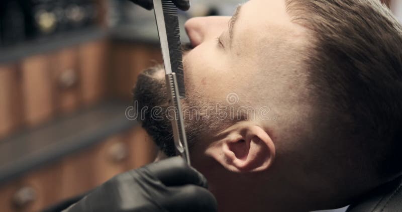Barber Hands Cutting Beard with Scissors Stock Footage - Video of ...