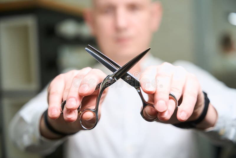 Barber Man Holds Special Professional Scissors His Hands Stock Photos ...