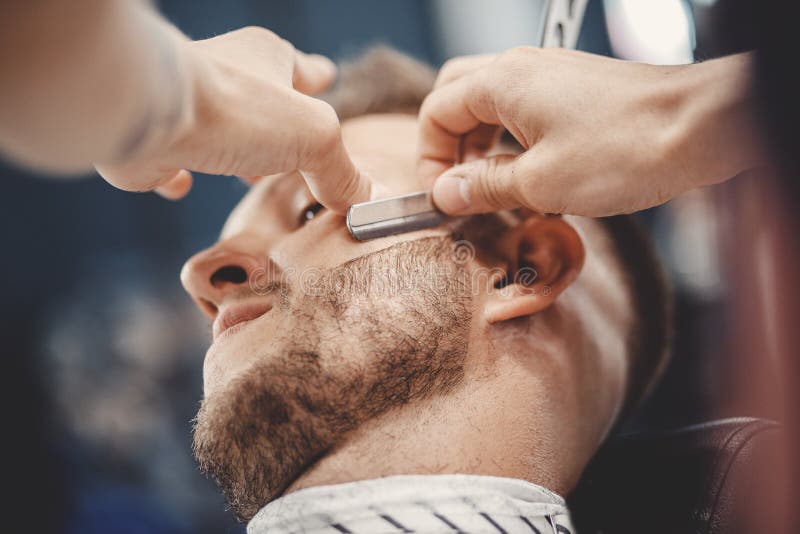 Barber Process Shaving Razor Bearded Hipster Man in Barbershop Stock ...