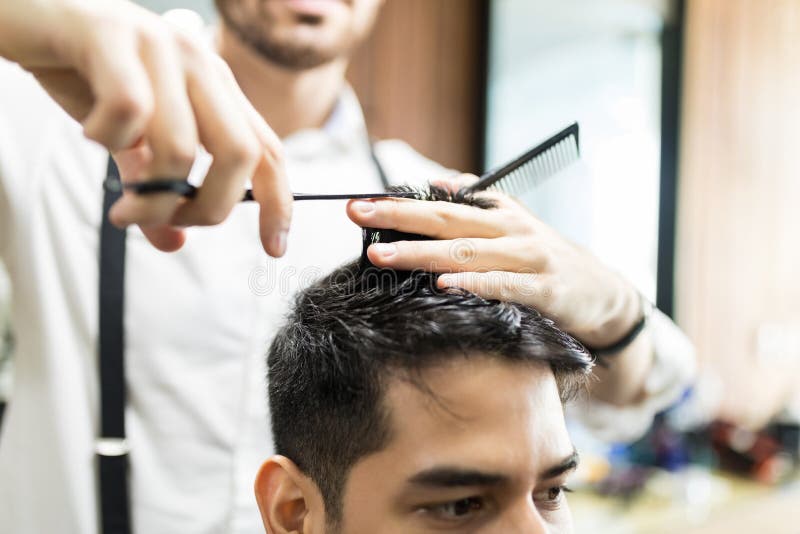 Barber`s Hands Using Scissors To Cut Customer`s Hair Stock Image ...