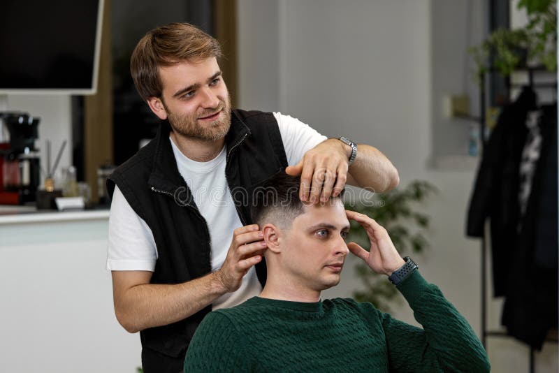 Barber and Satisfied Client Man in Front of the Mirror Stock Image ...