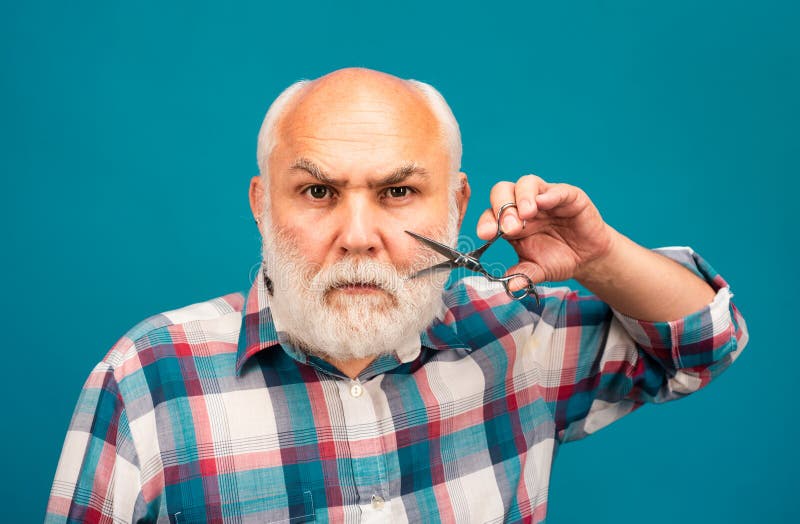 Barber Scissors. Middle Aged Man. Portrait of Old Bald Man Bearded Man ...