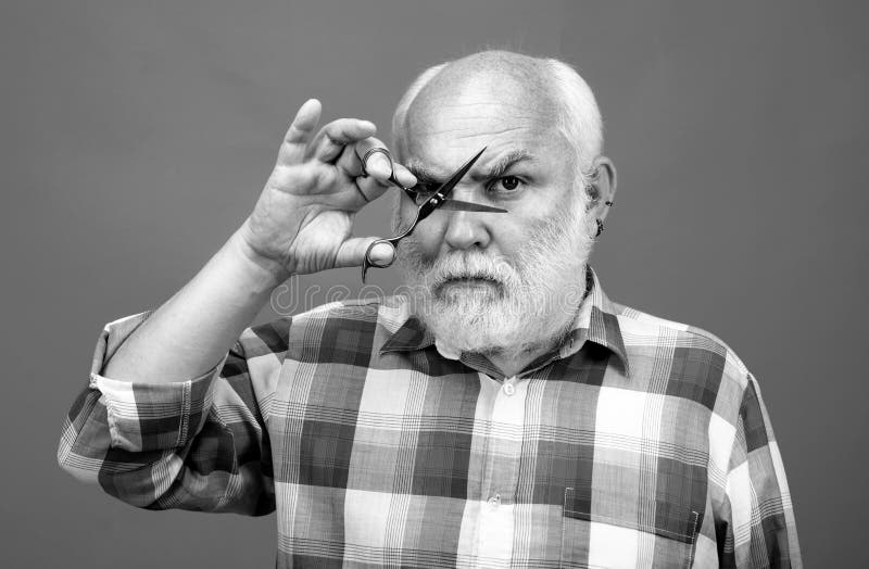 Barber Scissors. Portrait of Old Bald Man Bearded Man with Grey ...