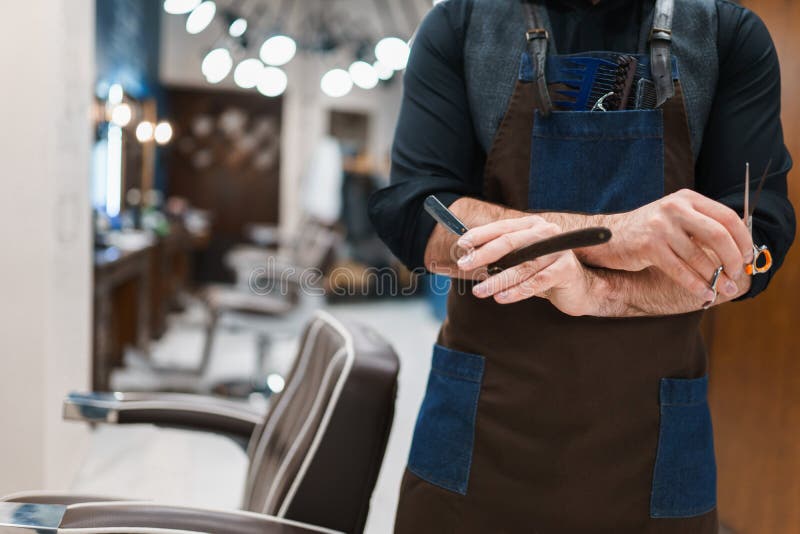 Barber with Scissors and Razor in Hands. Stock Image - Image of work ...