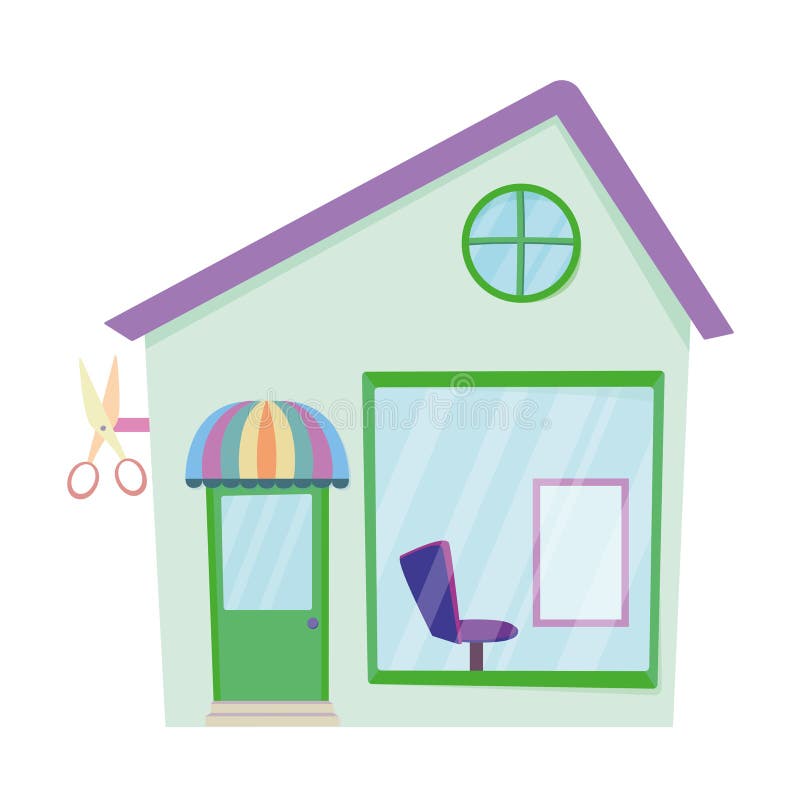 Barber Shop Building with Big Window. Scissors on Wall As Barber Shop ...