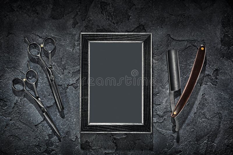 Barber Shop Concept Scissors Stright Razor and Epmty Frame Freespace ...