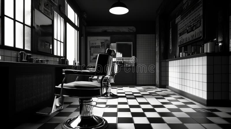 A Barber Shop Interior with Clean Black-and-white Tiles, Modern Chairs ...