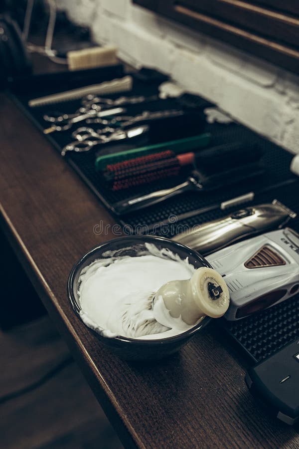 Barber Shop Tools on the Table. Close Up View Shaving Foam Stock Image ...