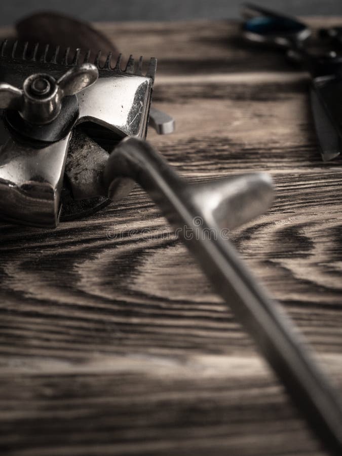 Barber Shops Tools on Wooden Desk. Pasteurized Image Stock Photo ...