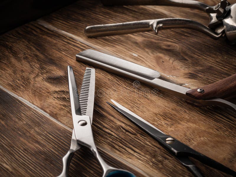 The Barber Shops Tools on Wooden Desk Stock Photo - Image of accessory ...