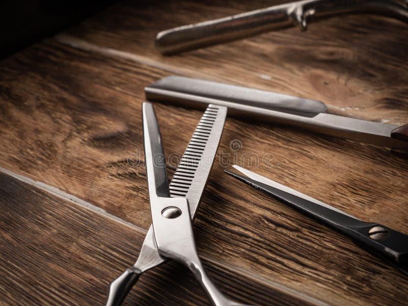 The Barber Shops Tools on Wooden Desk Stock Photo - Image of equipment ...