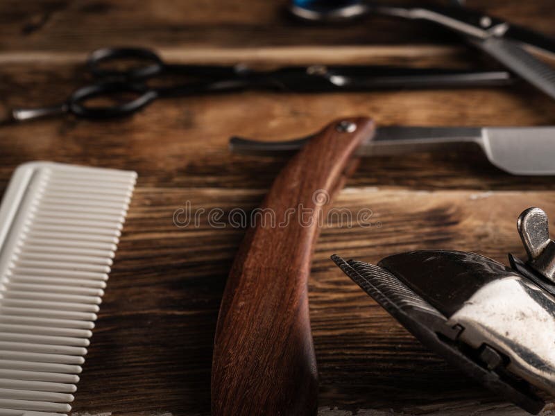 The Barber Shops Tools on Wooden Desk Stock Image - Image of classic ...