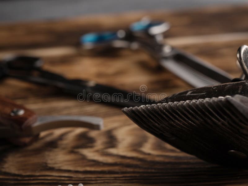 The Barber Shops Tools on Wooden Desk Stock Image - Image of hipster ...