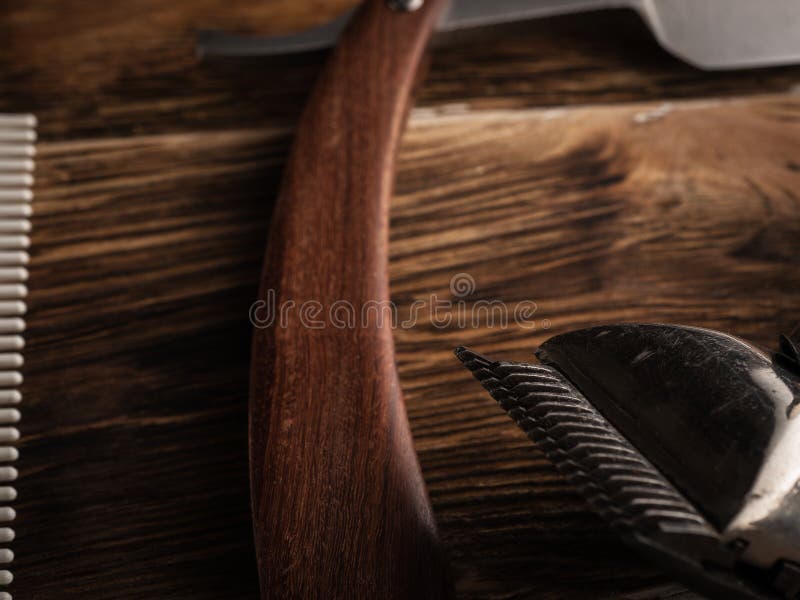The Barber Shops Tools on Wooden Desk Stock Image - Image of barbershop ...