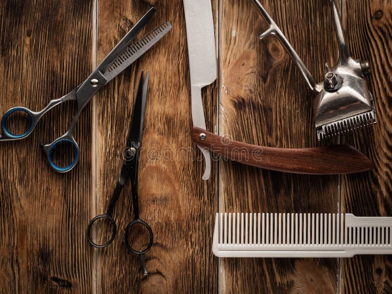 The Barber Shops Tools on Wooden Desk Stock Image - Image of black ...
