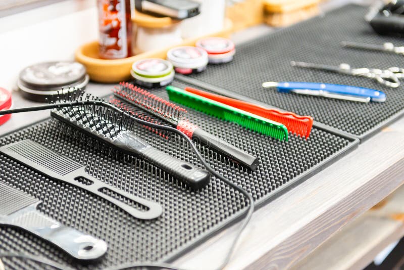 Barber table with tools stock image. Image of comb, hair - 205157537