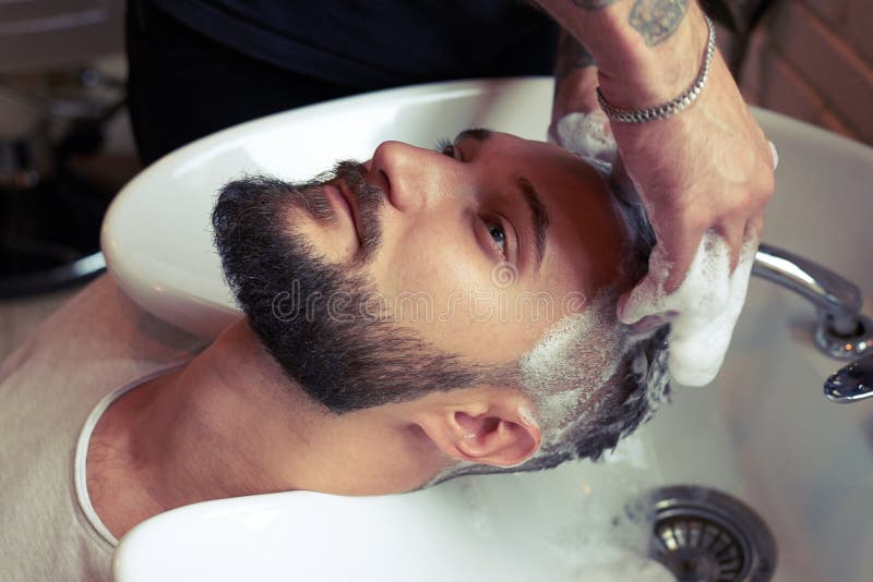 Barber washing head stock photo. Image of customer, hairstyling - 60439274