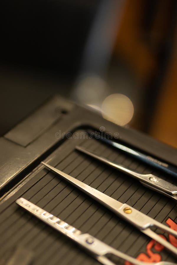 Barber Work Table. Snipping Tools Neatly Arranged Stock Photo - Image ...