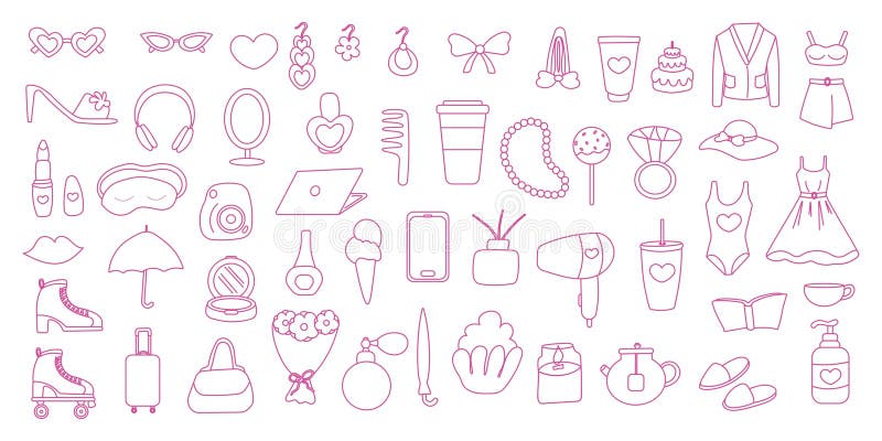 Barbicore Set Elements Pink Line Doodle Doll Stock Vector ...