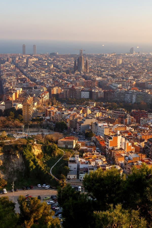 Barcelona City Panorama during Sunset Stock Photo - Image of park ...