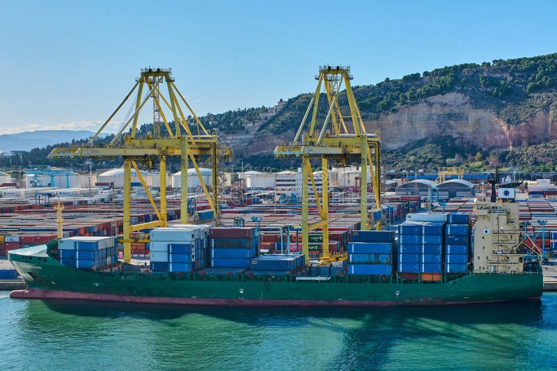 Barcelona. Espain -October 20,2024: Cargo Vessel at Barcelona Container ...