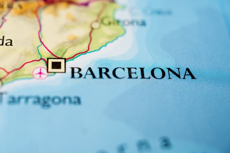 Barcelona Location on Close Up Vintage Map.. Stock Image - Image of ...